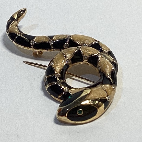 Jewelry | Vintage Enamel Snake Pin Black Cream Green Eyes Rhinestones ...
